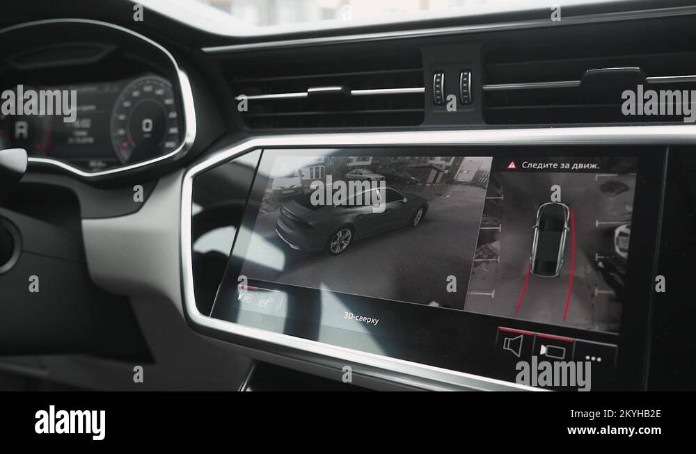 Modern car ride on the road, car interior, modern navigation 3D system ...