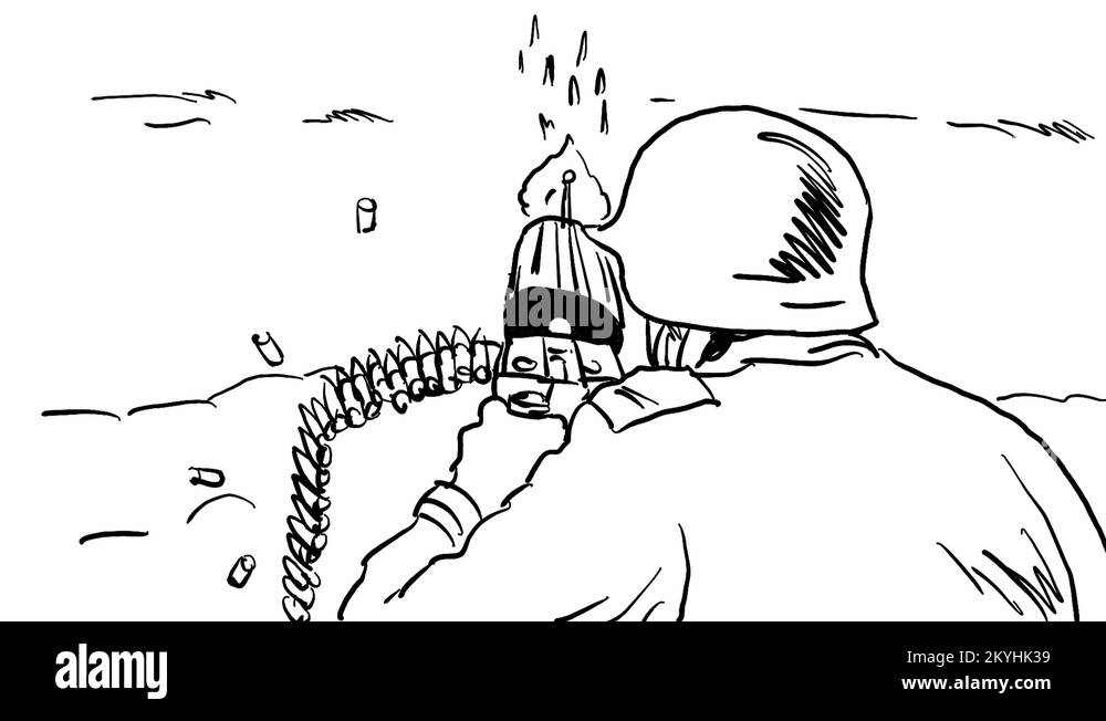 World War Two German Soldier Firing Machine Gun Drawing 2D Animation ...