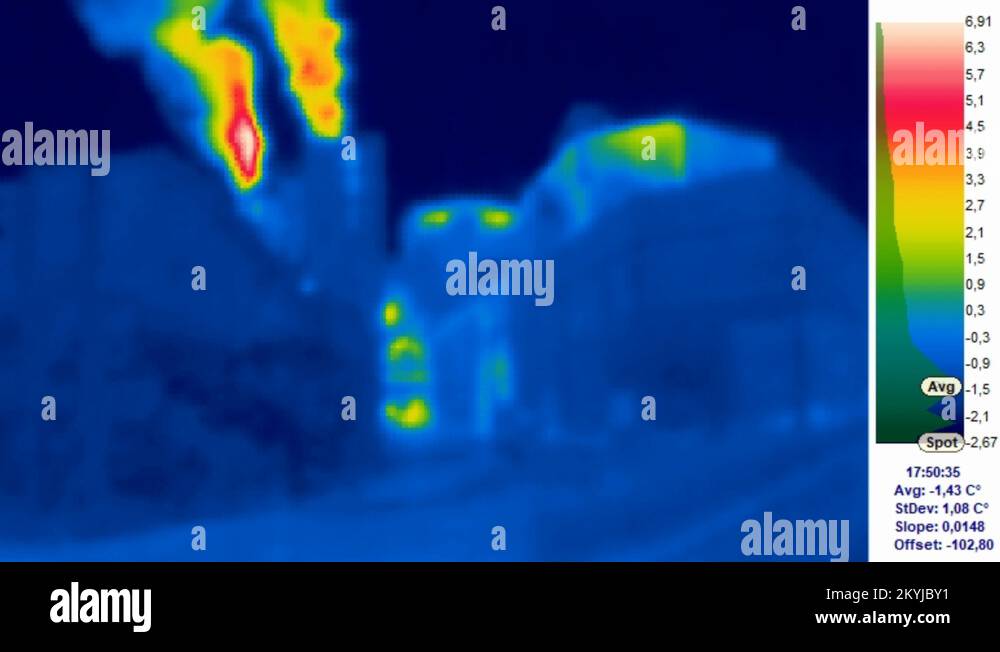 Thermal camera view, Thermal camera view, Factory area with smoking ...