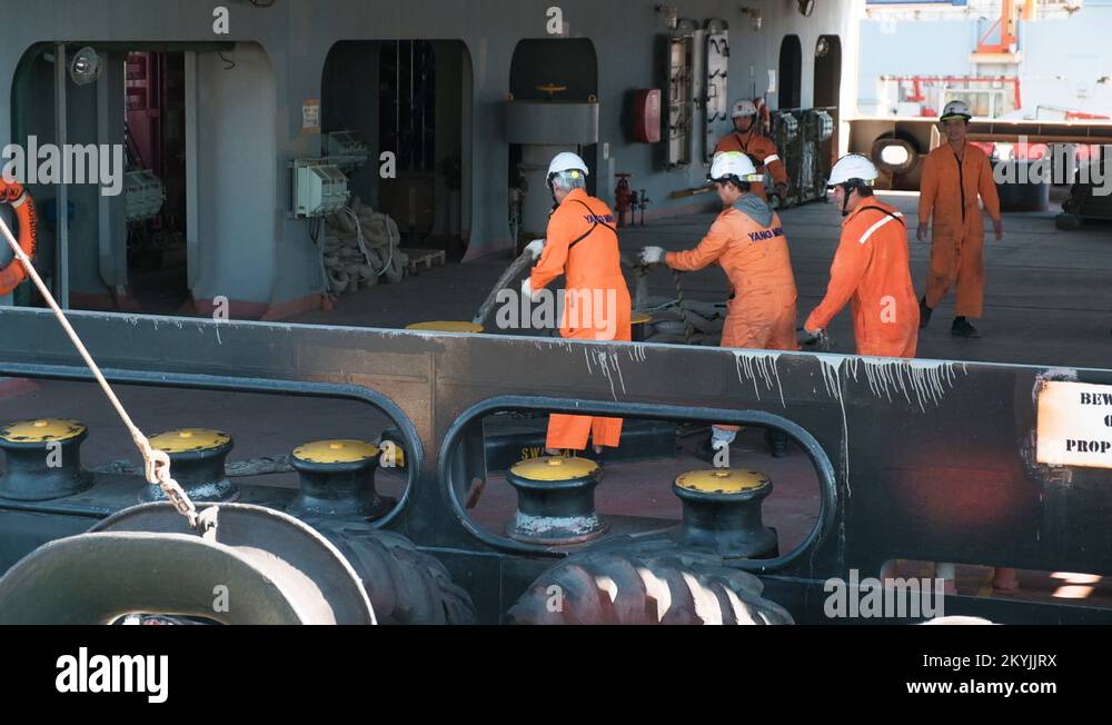 Chinese sailors of the YANG MING shipping line, dressed in bright ...