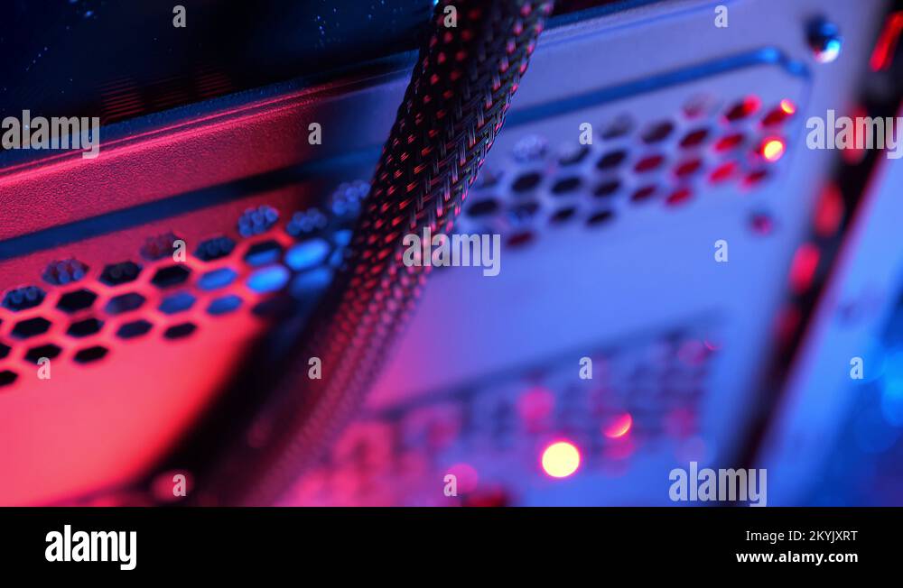 Cable close-up shooting of computer inside with details and system unit ...