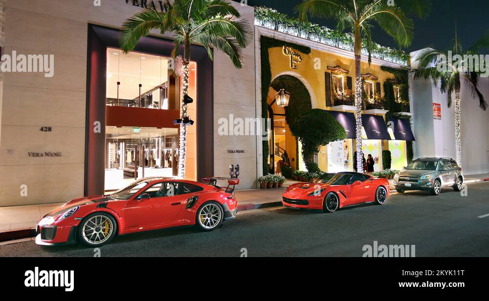 Luxury sports cars on Rodeo Drive in Beverly Hills, Los Angeles ...