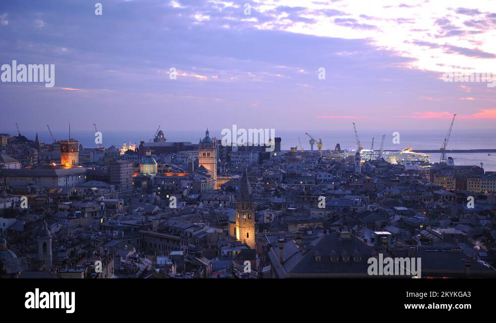 Time Lapse Aerial View of Genoa Skyline Famous Tourist Attraction Dusk ...