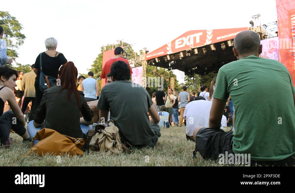 sitting concert crowd on music festival, on day grass field Stock Video ...
