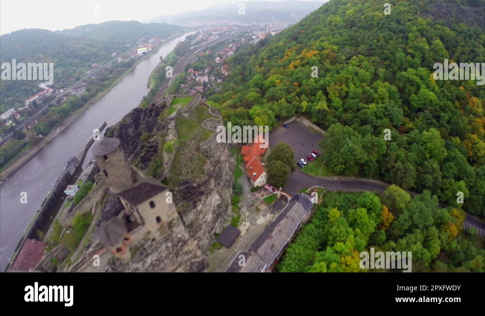 Long aerial fly ancient medieval castle fortress, autumn town Stock ...