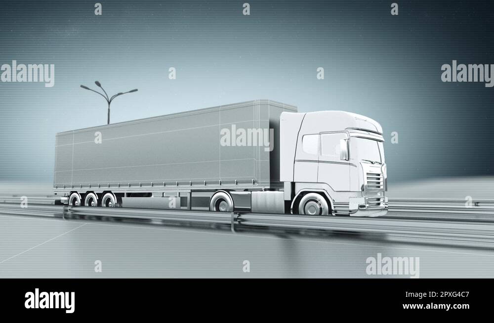 Monochrome cargo truck on a highway. Side view. Looping animation ...