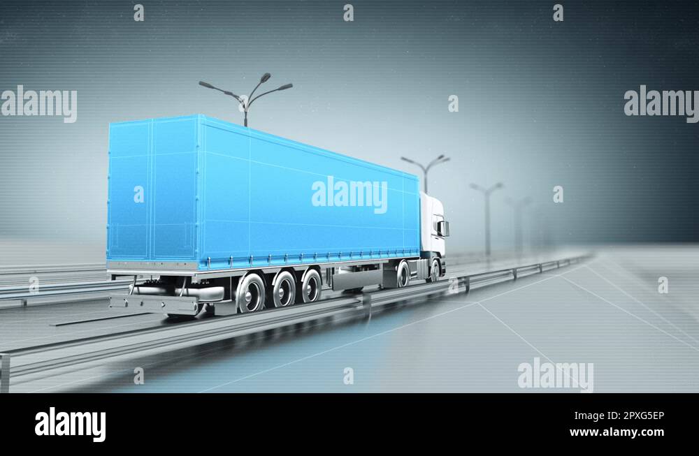 Blue cargo truck on a highway. Back view. Looping animation background ...