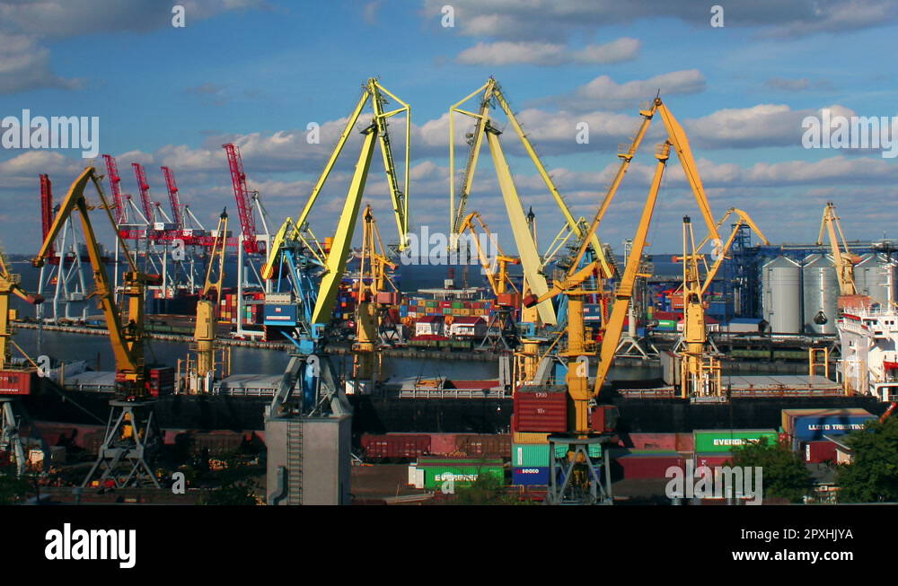 Odessa sea trading port activity timelapse. Pan from left to right ...