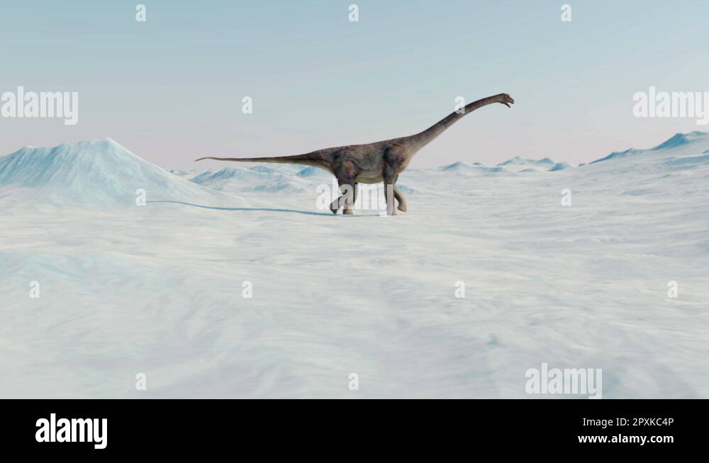 Dinosaur. Prehistoric snow landscape, ice valley with Dinosaurs. Arctic ...