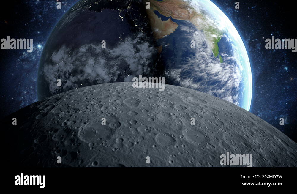 moon. Realistic animation. The space view of the planet earth. zoom fly ...