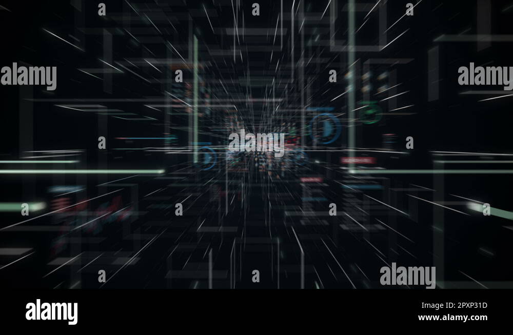 Robot cyborg touching Brain lines in digital display, Line net tunnel ...