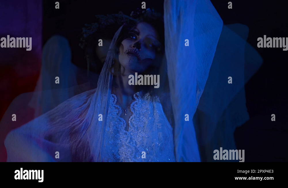 Horror scene from the film with dead girl in white wedding dress and ...