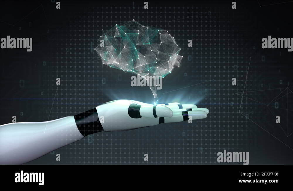 Brain connect digital lines, grow artificial intelligence on robot palm ...