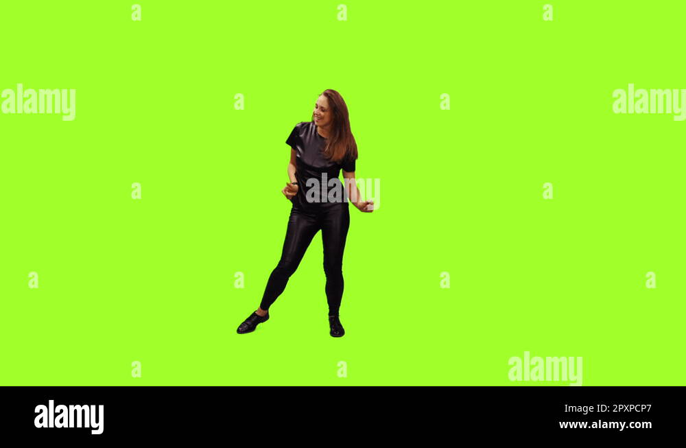 Emotional dance of a beautiful woman on green screen background, Full ...