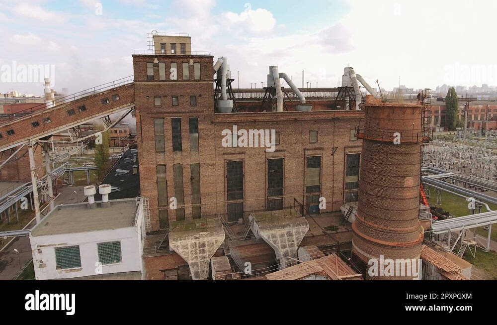 Old crumbling thermal power station, built in the Soviet Union. 4K ...