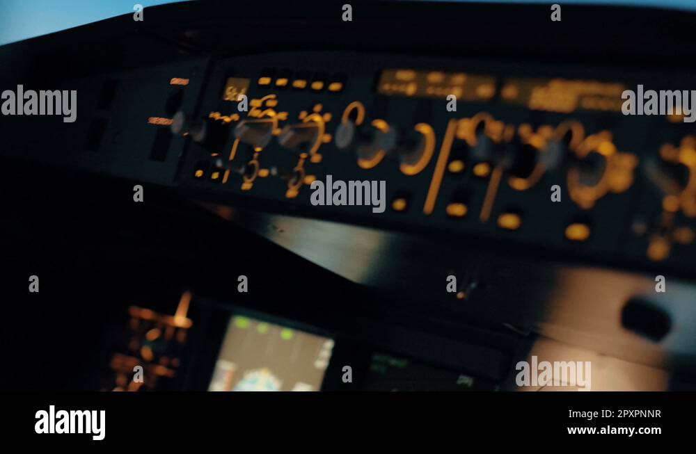 Close shot of aircraft cabin or cockpit. Camera panorama from flight ...