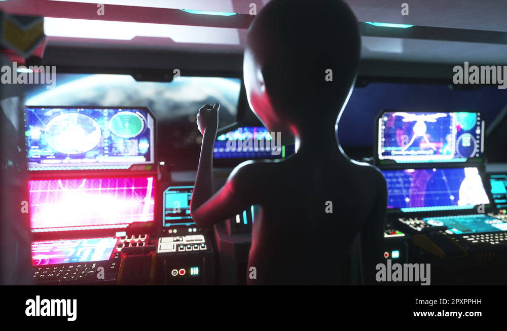 Alien in space ship. hand reaching out with Earth planet. UFO ...