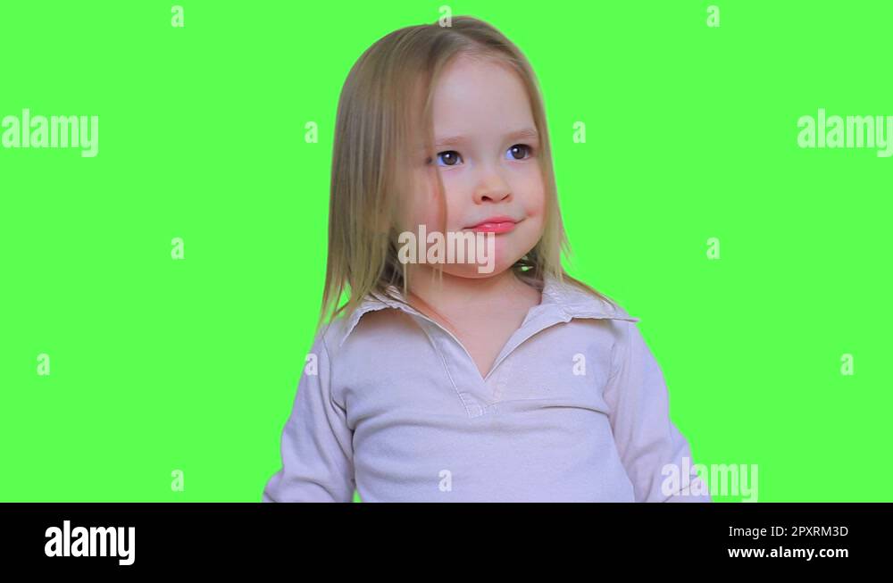 Little Funny Beautiful Girl Angry and Pouting Lips on Green Screen ...