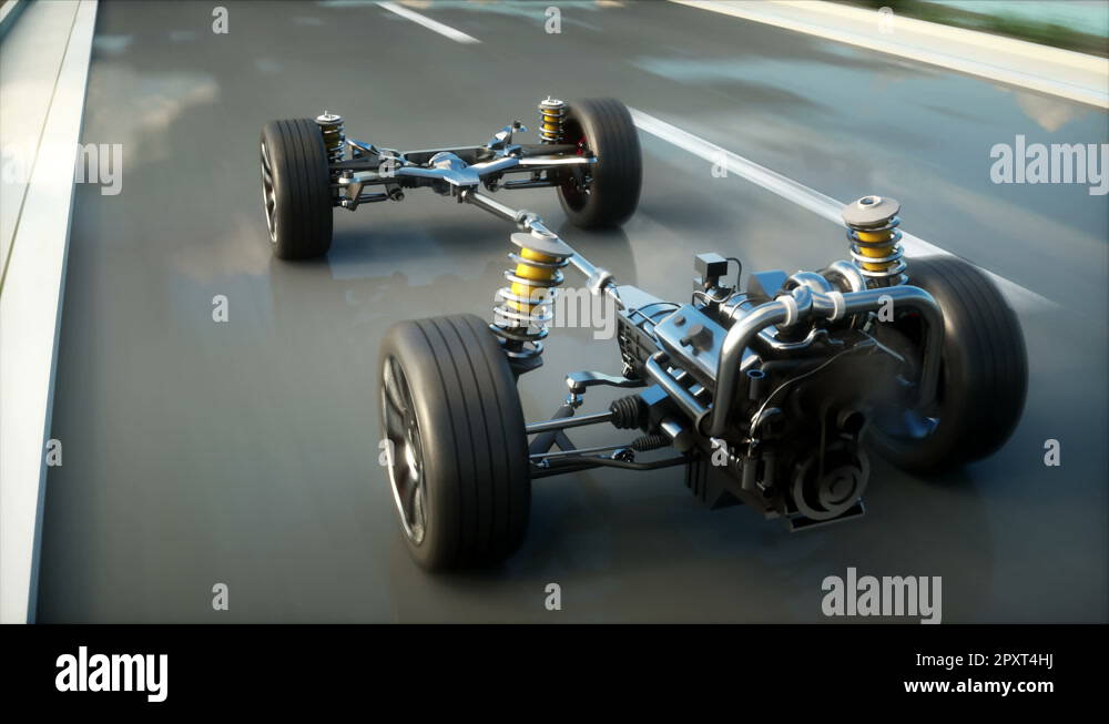 Car chassis with engine on highway. Very fast driving. Auto concept ...