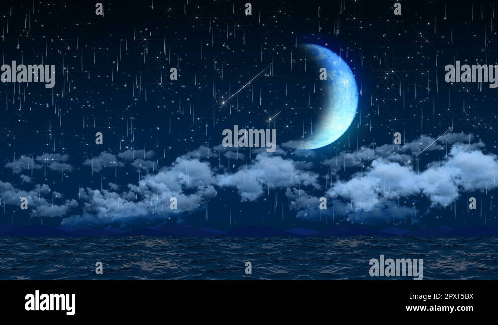 Animation night sky with clouds and falling star light giant crescent ...