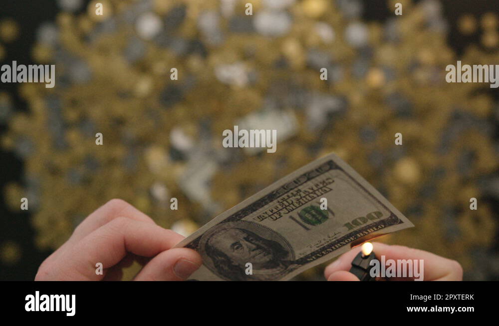 Man hands set fire dollars. Slow motion. burning. Banknote burn on coin ...
