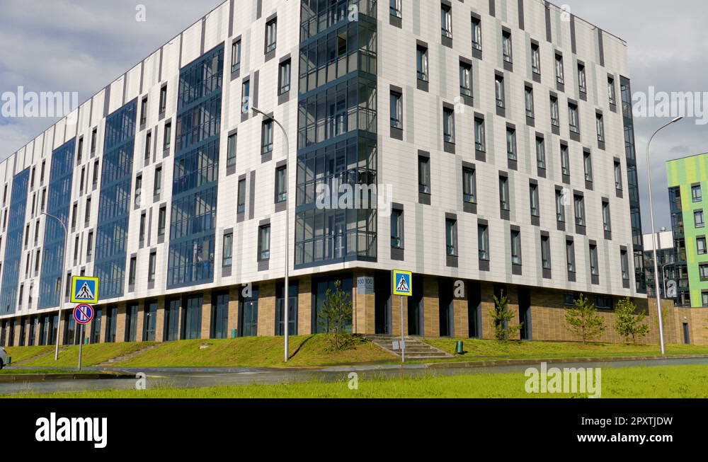 residential quarter with modern six storey building Stock Video Footage ...