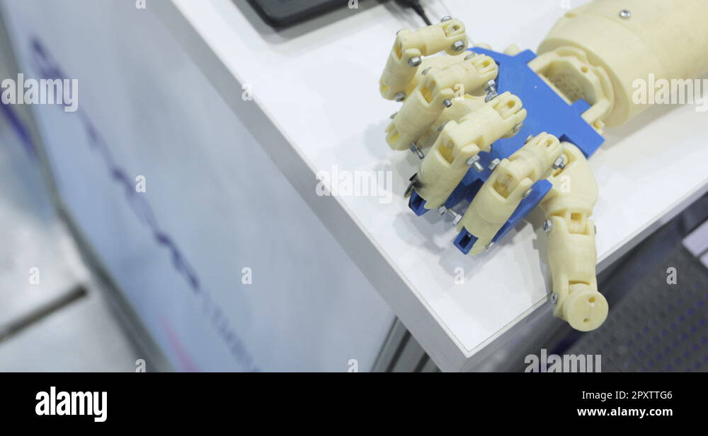 A human and a bionic hands lying beside each other. Top view. Man with ...