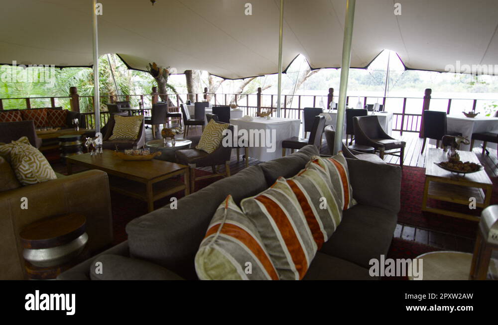 4K Interior tented outdoor lodge where guests can dine at African ...