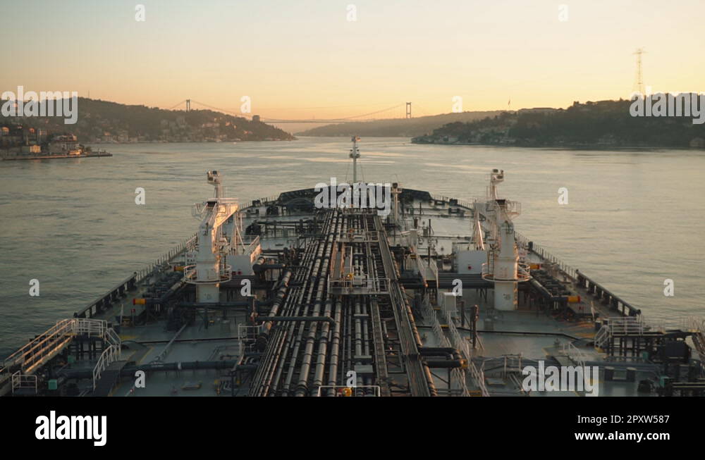 Crude oil tanker is proceeding through the Bosphorus strait, Turkey ...