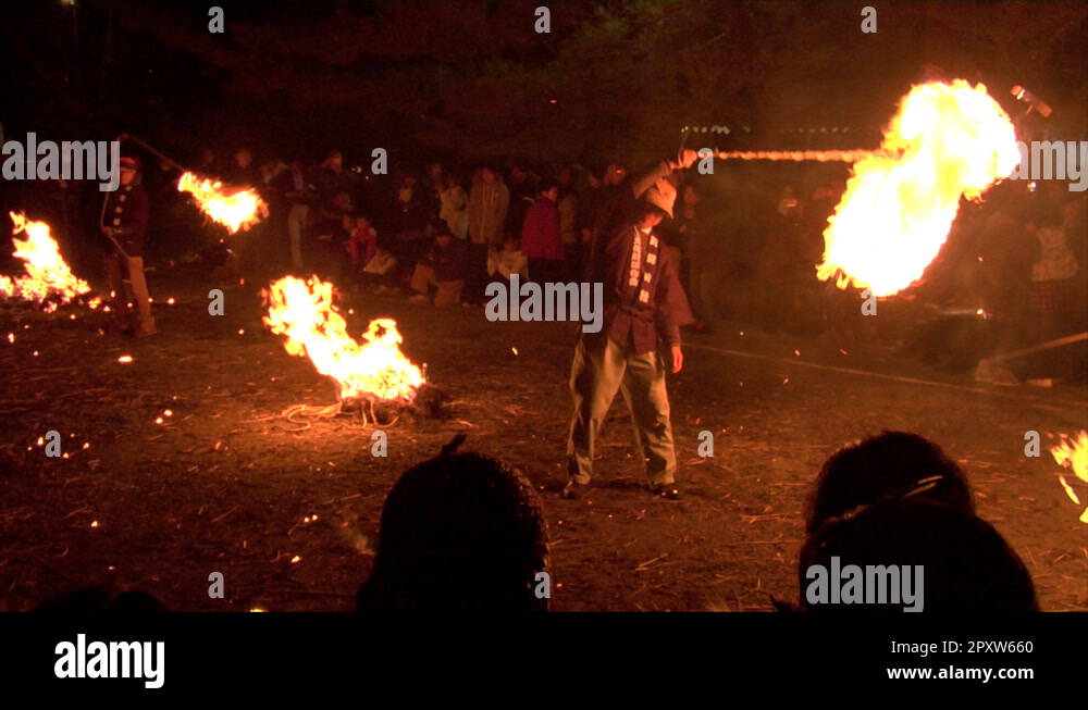 Japanese Fire Festival - Fire ring spinning at Ichinomiya Aso Shrine ...
