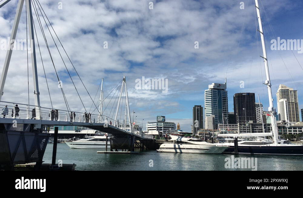 Wynyard Crossing and Auckland Skyline from Viaduct Harbour Stock Video ...