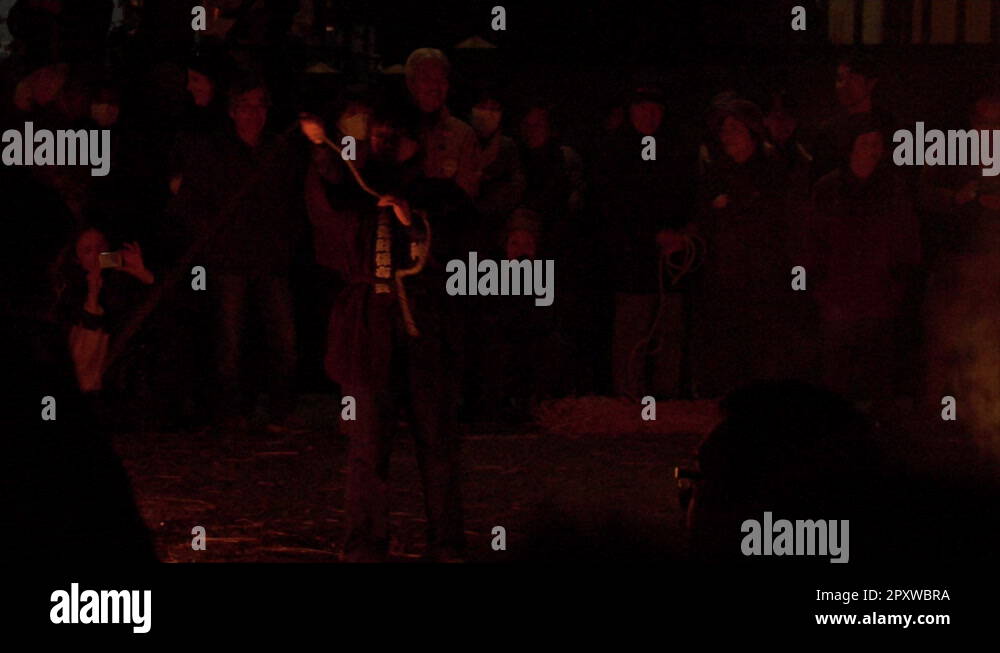Japanese Fire Festival - Fire ring spinning at Ichinomiya Aso Shrine ...