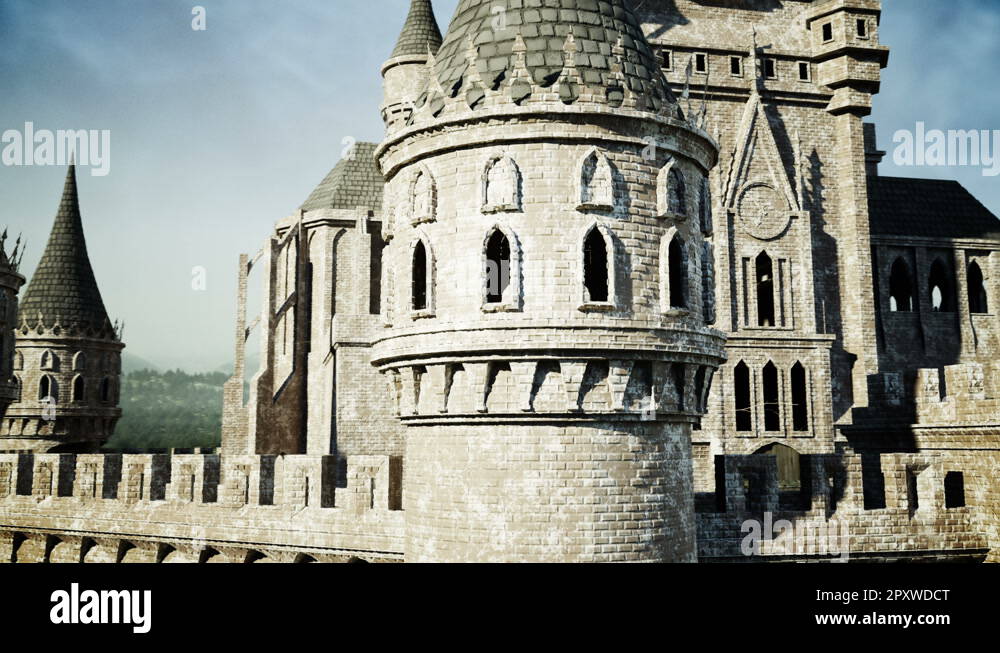 Old fairytale castle on the hill. aerial view. Realistic 4k animation ...