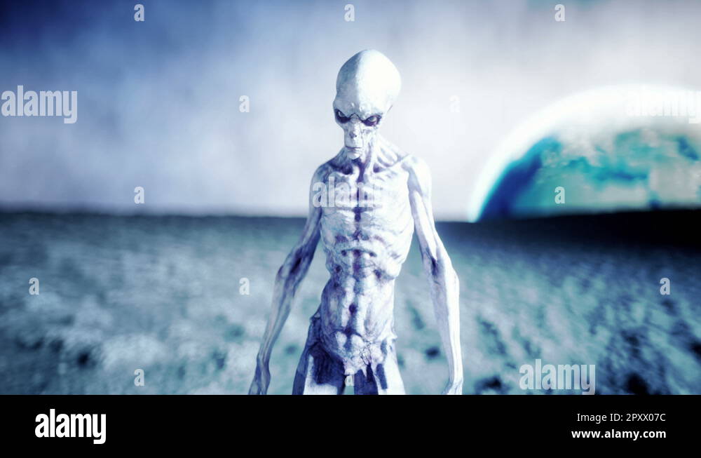 Alien on planet, moon. Earth on backgound. UFO. Realistic motion and ...