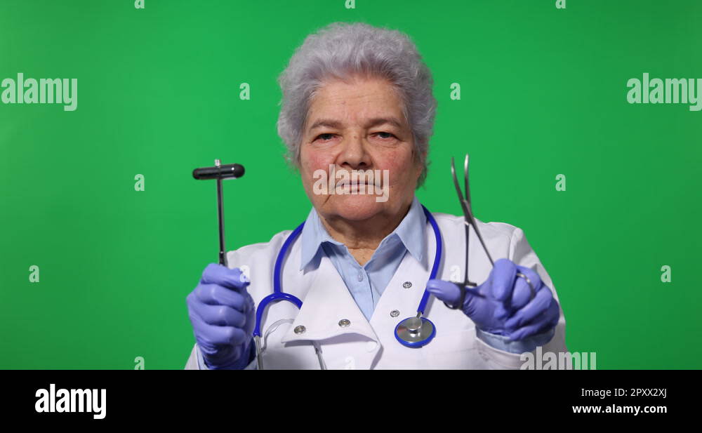 Elderly Doctor Woman Holding Surgical Tools Look Camera Green Screen ...