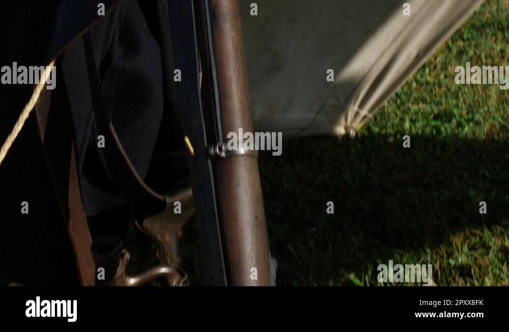 Civil War Musket Rifle Gun Resting in Fence Close Up Tilt Up Stock ...