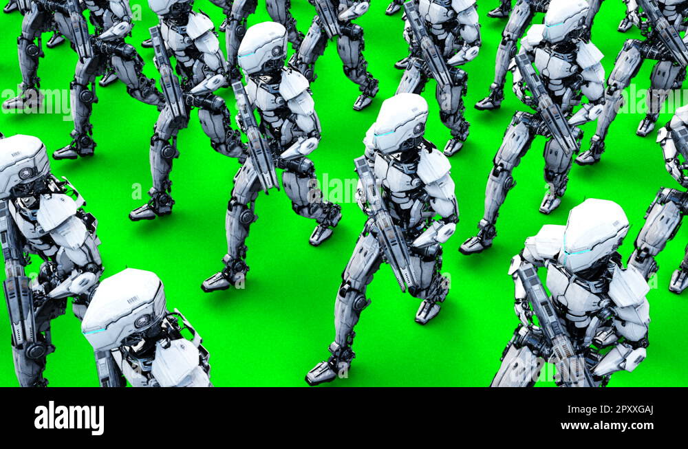 invasion of military robots with gun. marching robots. Green screen 4k ...