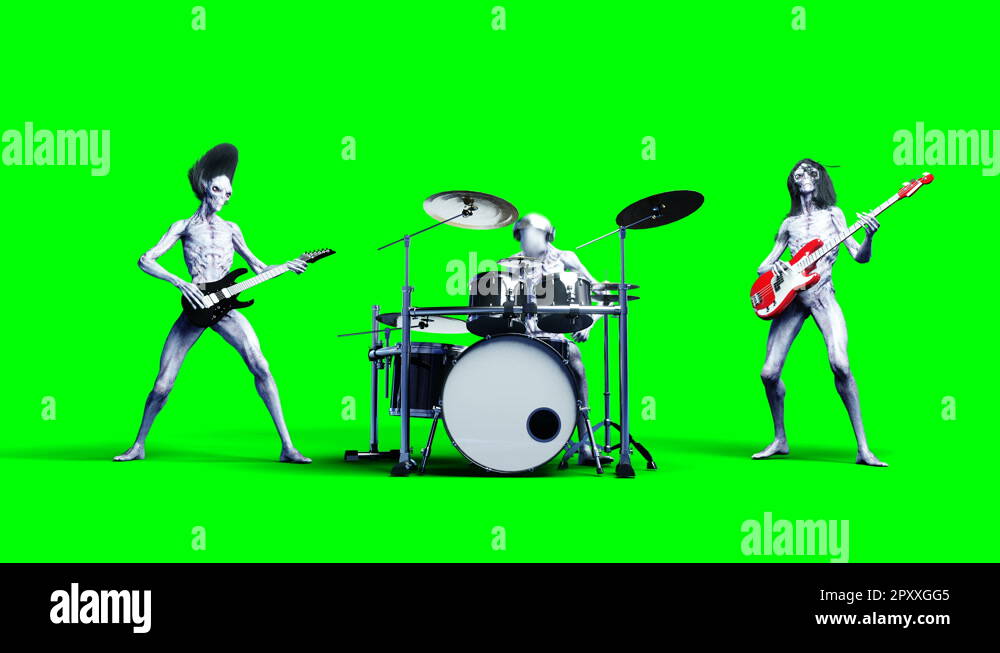 Funny alien rock band. Bass, drum, guitar. Realistic motion and skin ...
