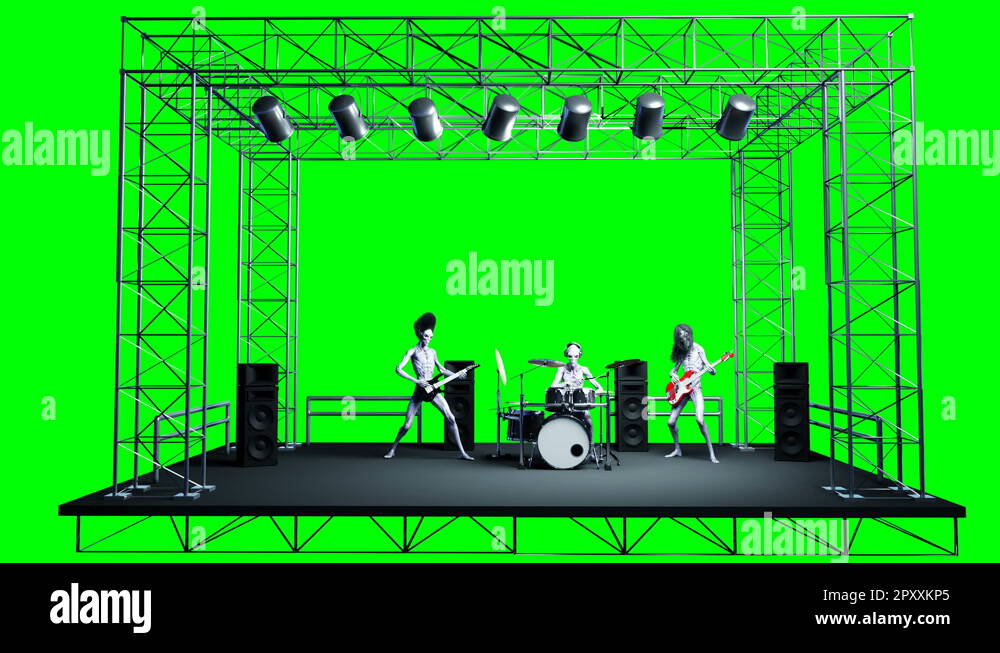 Funny alien rock band. Bass, drum, guitar. Realistic motion and skin ...
