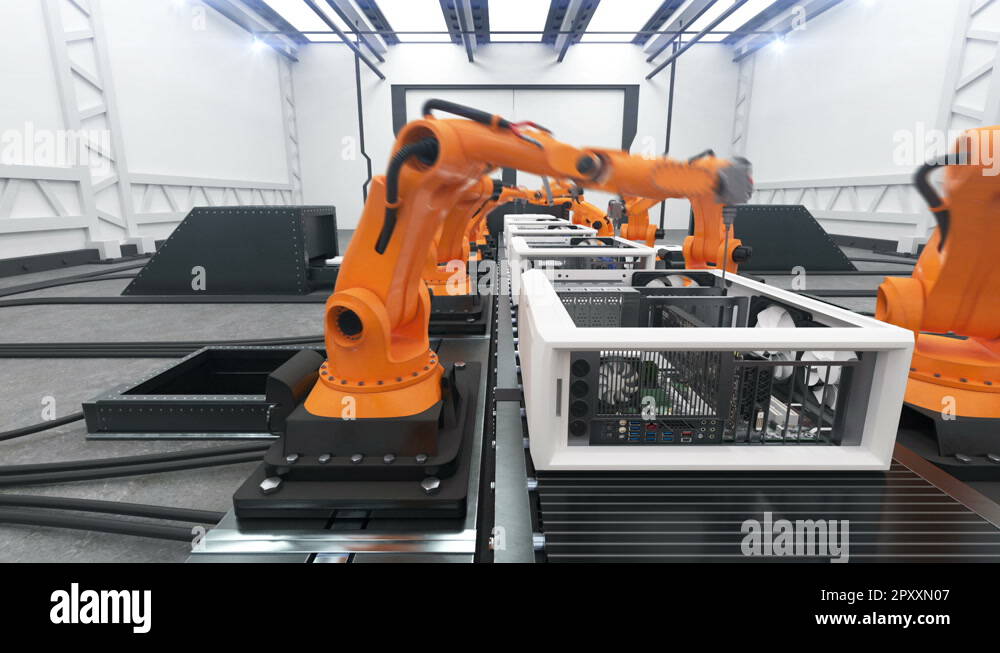 Robotic Arms Assembling Computers On Conveyor Belt. Modern Advanced ...