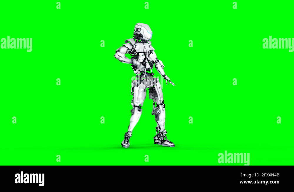 Funny robot is dancing . Realistic motion and reflections. 4K green ...