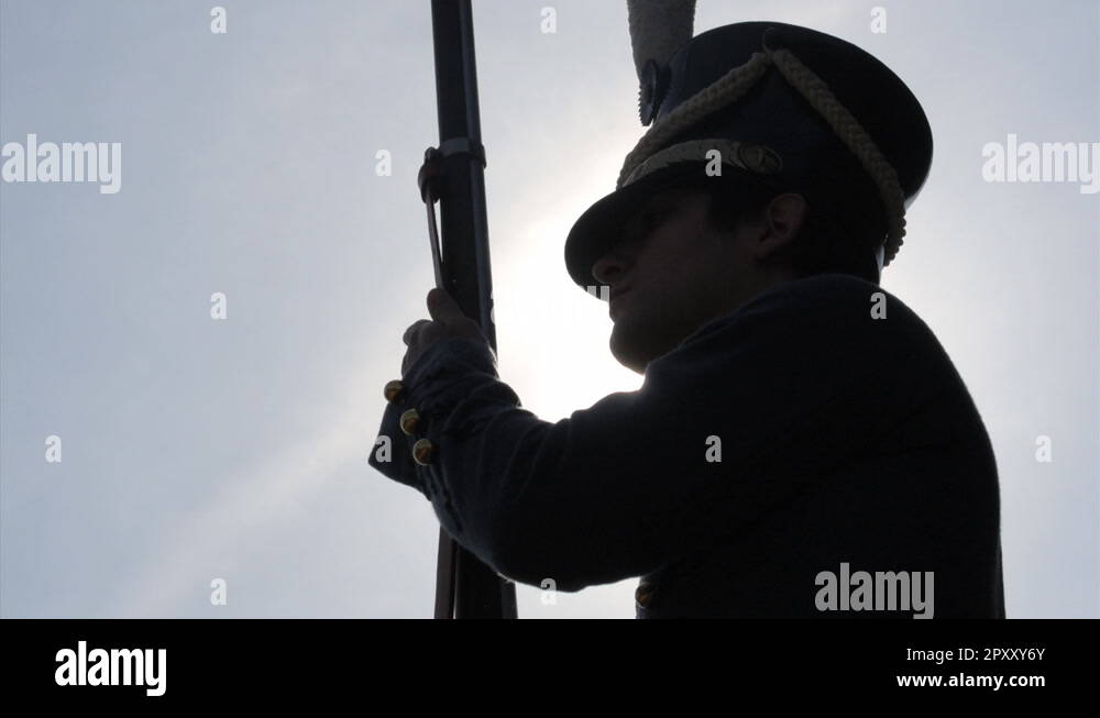Military Cadet /Soldier in Shako and Coatee drills with musket Stock ...