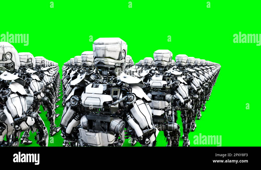 invasion of military robots with gun. marching robots. Green screen 4k ...