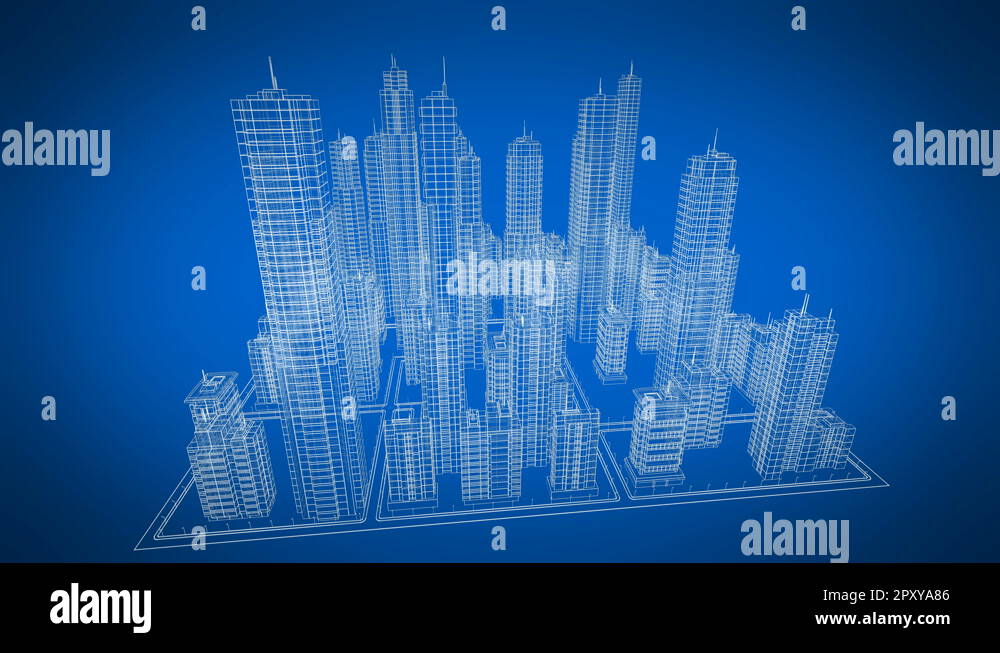 Modern 3d Blueprint of Contemporary Buildings Turning in 3d Space. Blue ...