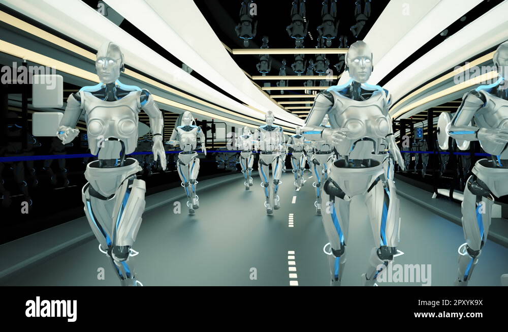 A futuristic humanoid robots, running through a sci-fi tunnel. Loopable ...