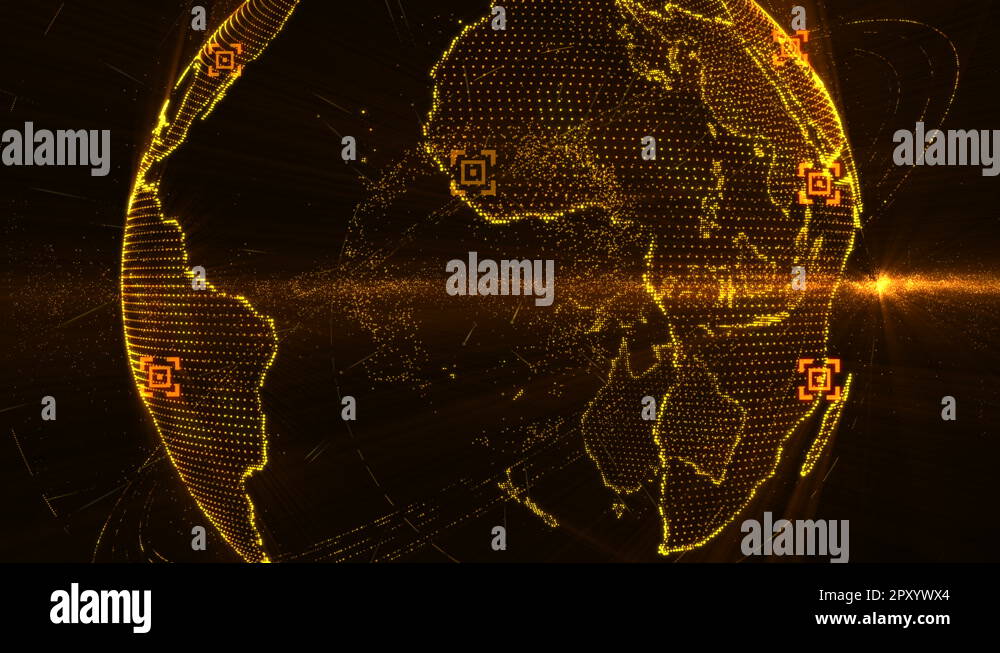 Pixel 3D golden shining globe of Earth in rotating with wave particles ...