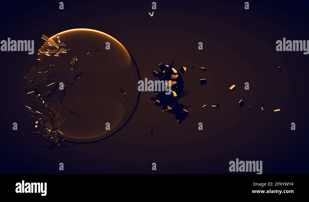 Explosion of the sphere of glass. Transparent and black balls are ...