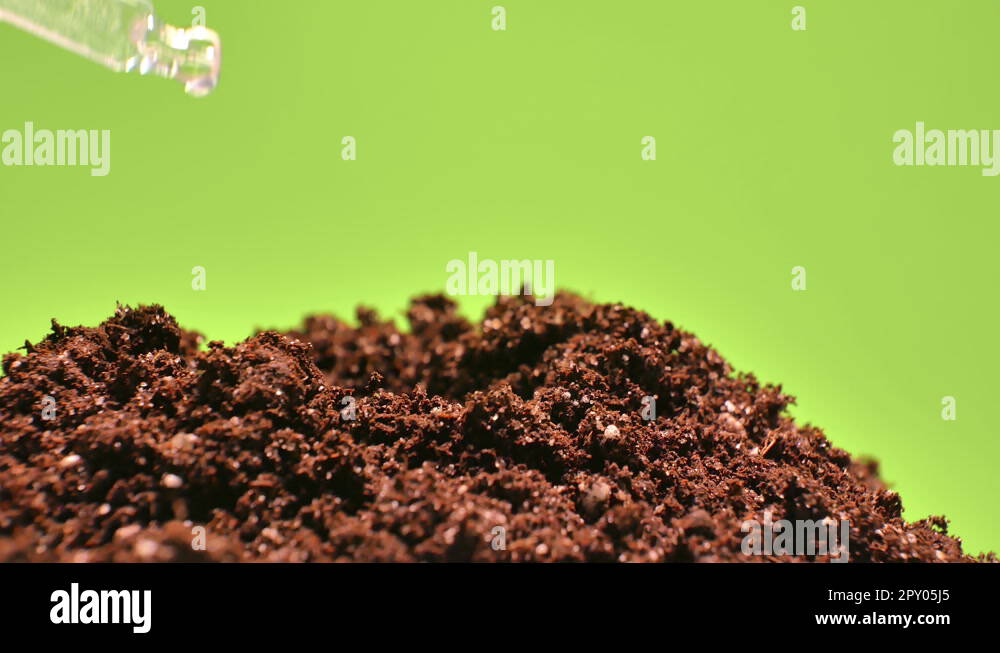Soil close-up, laboratory research. A pipette with a solution. The soil ...