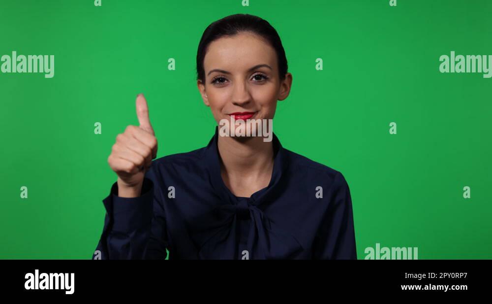 Happy Business Woman Show Thumb Up Sign Looking Camera Green Screen