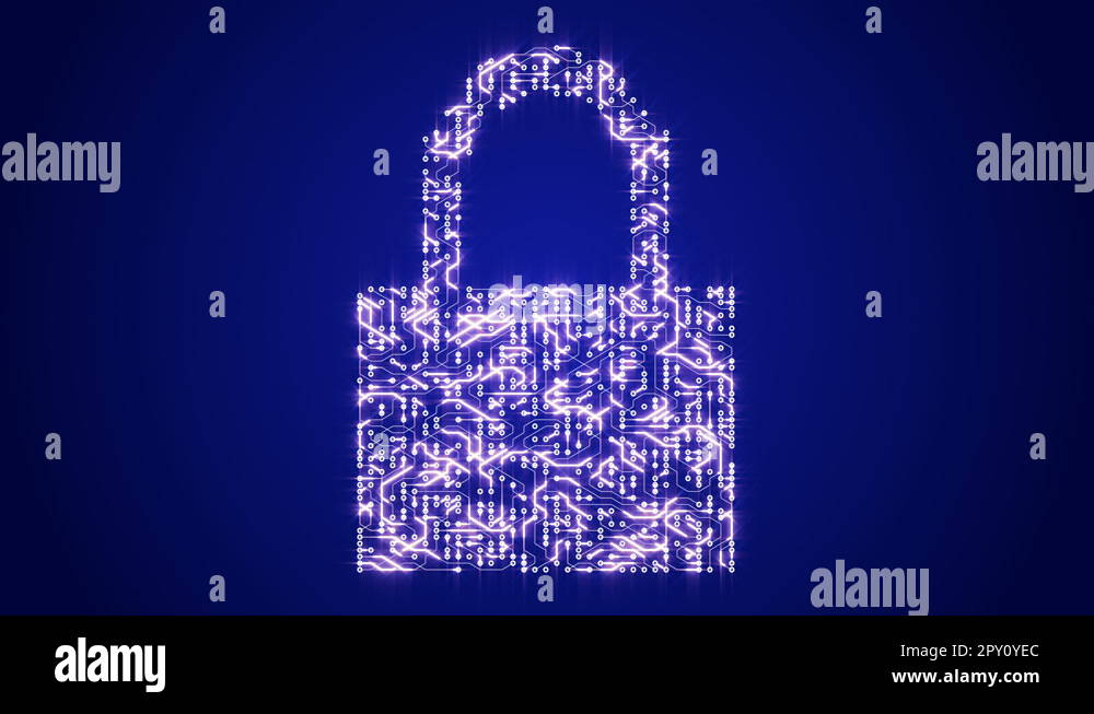4k Computer security with padlock,circuit board electrons shaped lock ...